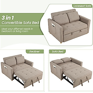 SEJOV 3-in-1 Convertible Sofa Bed, Linen Fabric Sleeper Couch Pull Out Bed, 49" 2-Seater Loveseat Futon Sofa with Spring Support, Adjustable Backrest and Pillows for Small Spaces, Living Room