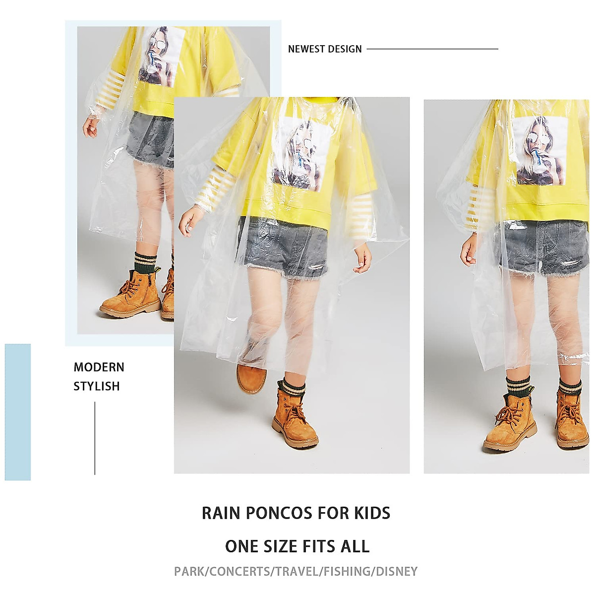 TUNCHMO Disposable Rain Ponchos for Kids (6 Pack) 50% Thicker Emergency Ponchos-Clear