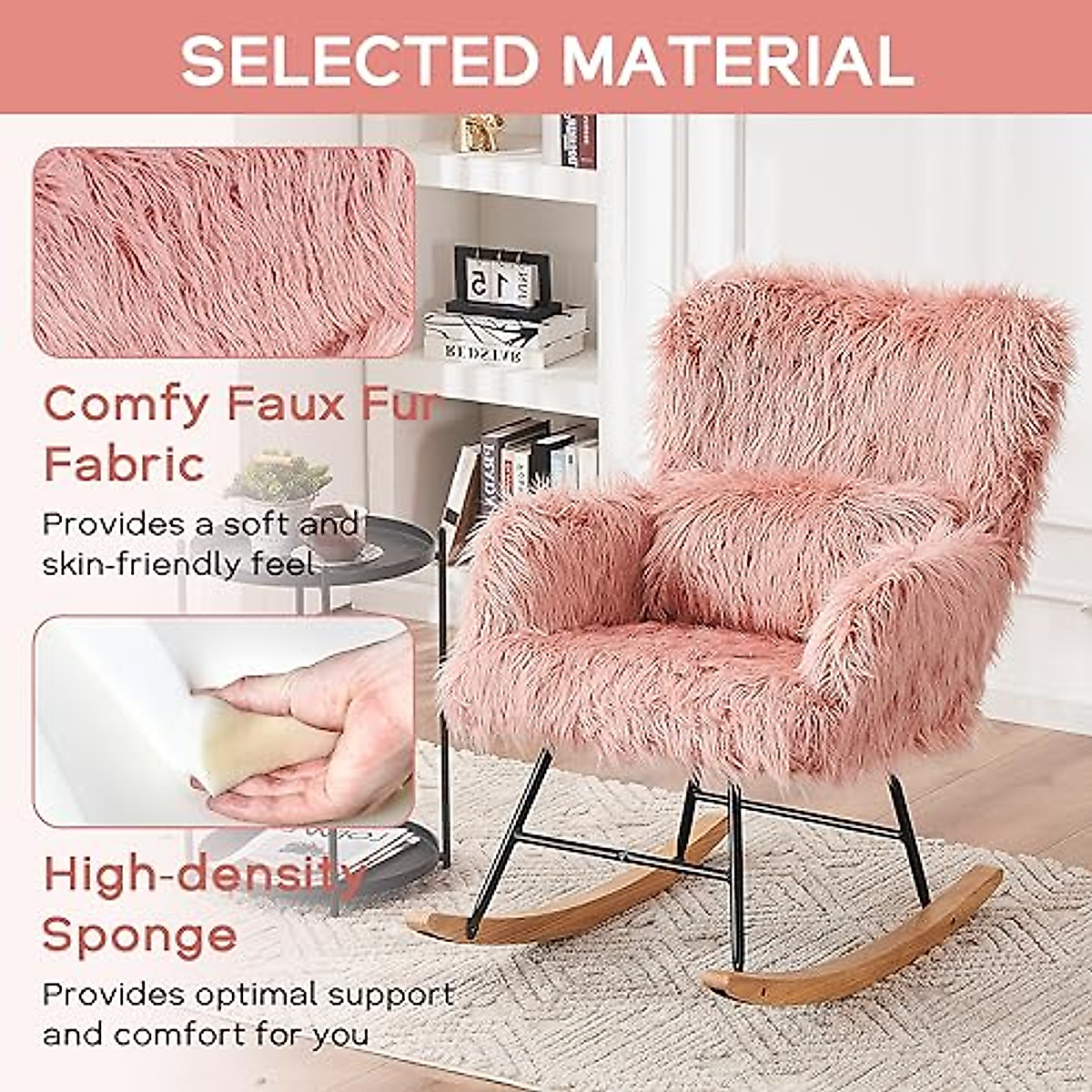 NIOIIKIT Nursery Rocking Chair, Faux Fur Upholstered Glider Rocker with Lumbar Pillow, High Backrest Rocking Accent Chair, Comfy Armchair for Living Room, Bedroom, Office (Pink)