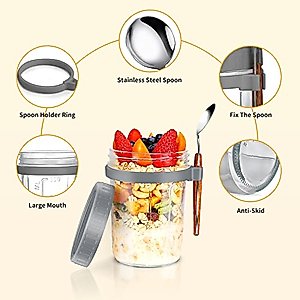 Bupto 4 Pack Overnight Oats Containers with Lids and Spoons, 16 oz Airtight Overnight Oats Jars with Measurement Marks Salad Jars for Cereal Milk Yogurt Vegetable Fruit On the Go Container (4 grey)