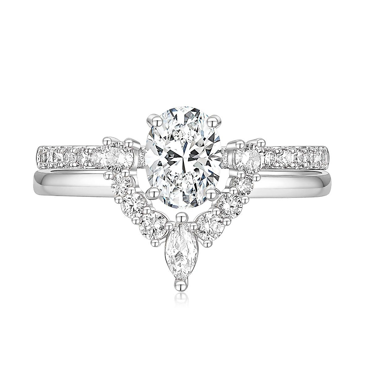 TIGRADE 1.5CT Bridal Ring Sets Oval Cut Cubic Zirconia Wedding Band Curved CZ Engagement Stackable Rings for Women Size 3-12, Silver, Size 7