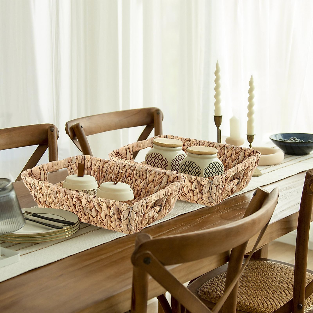 JLKIMZVO Water Hyacinth Baskets With Handles for Organizing Shelves Natural Wicker Baskets for Organization, Hand-Woven Storage Baskets