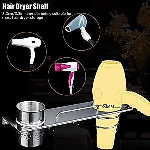Stainless Steel Multifunctional Hair Dryer Rack with Storage Cup Wall Mounted Hair Dryer Storage Organizer Rack Holder Hanger for Bathroom Salon Stylist Tool Silver