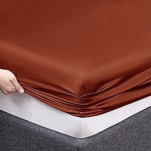 Cotton Home Depot King Size Soft Satin Bed Sheets Burnt Orange Satin Sheet Set, 15" Deep Pocket Fitted Sheet + 1 Flat Sheet + 2 Pillowcases