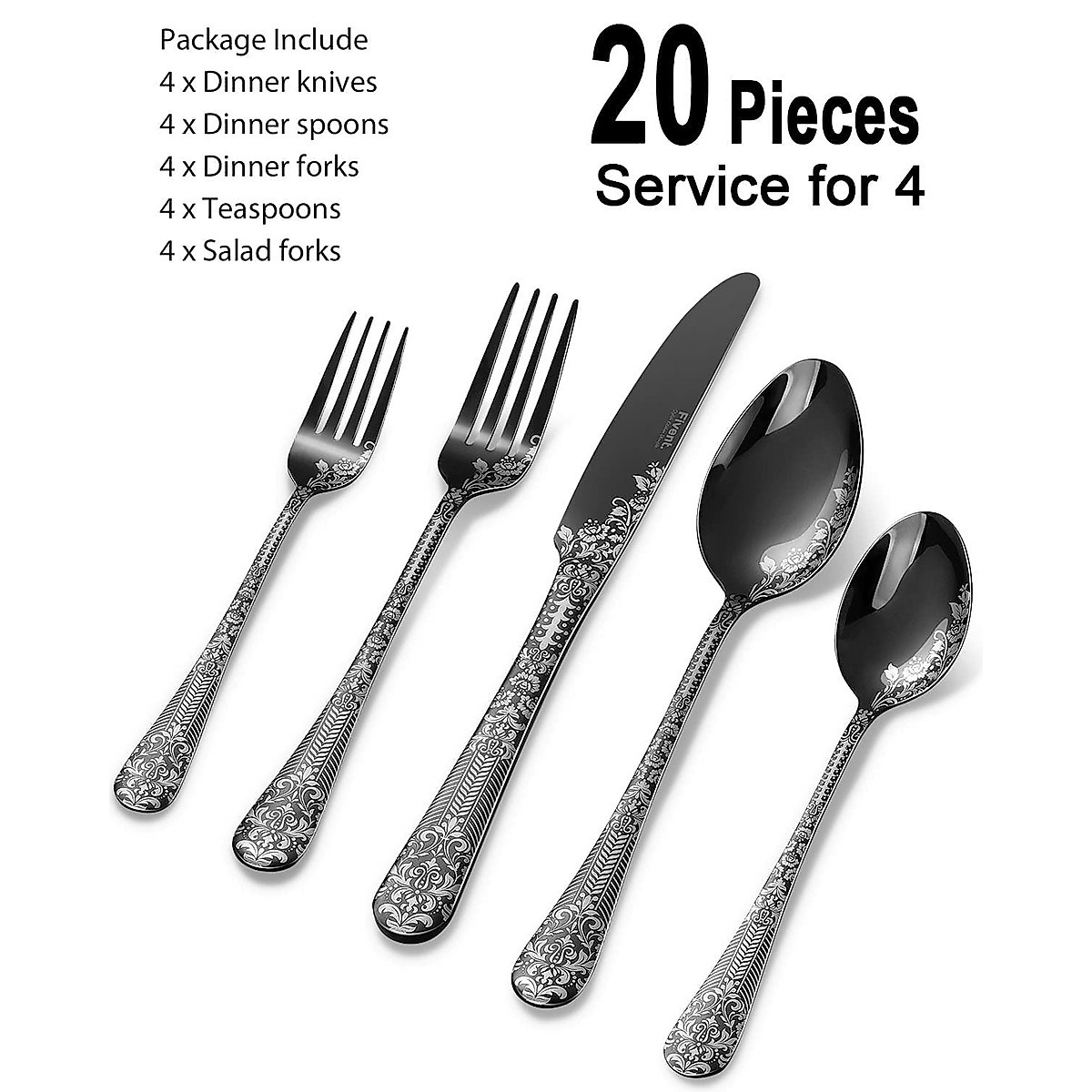 Fivent Floral Damask Rose Black Cutlery Set - 20 pcs - Includes 8 x Spoons, 8 x Forks, 4 x Knife - Stainless Steel, Dishwasher Safe, Mirror Polished Tableware - Durable Flatware - Home Kitchen