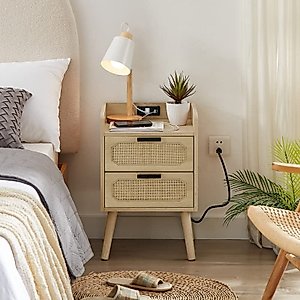 Mid-Century Modern 2-Drawer Nightstand with Charging Station and Natural Rattan Drawer Solid Wood End Side Table Bohemian Eclectic Mid-Century Finish