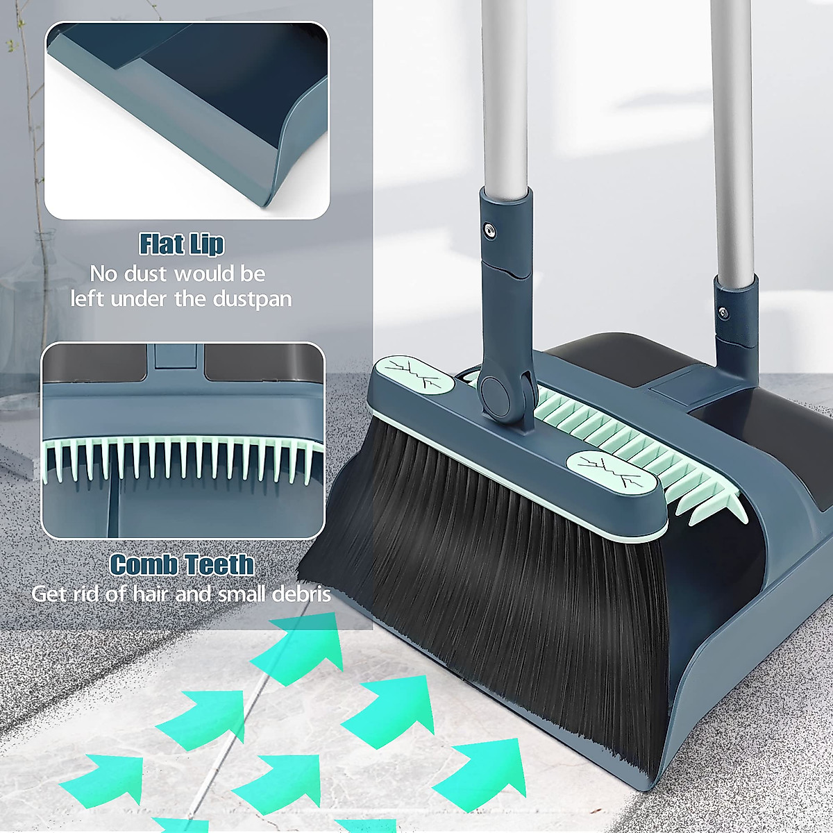 DALIPER Broom and Dustpan Set with Aluminum 54 Inches Long Handle, 180 Degree Swivel Broom and Upright Dust Pan with Hair Scraper for Home, Kitchen, Office, Indoor