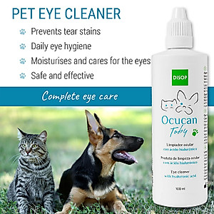 Ocucan Eye Wash Cleaner for Dogs and Cats with Hyaluronic Acid. Rinses and Removes Dirt Gently and Naturally. Soothes Irritated Eyes and Prevents Stains Under The Eyes of Pets, 100 ml (3.38 Fl Oz)