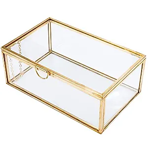 HighFree 5.7" Copper Golden Vintage Glass Lidded Box, Decorative Jewelry Keepsake Display Clear Glass Box, Rings Bracelet Golden Organizer