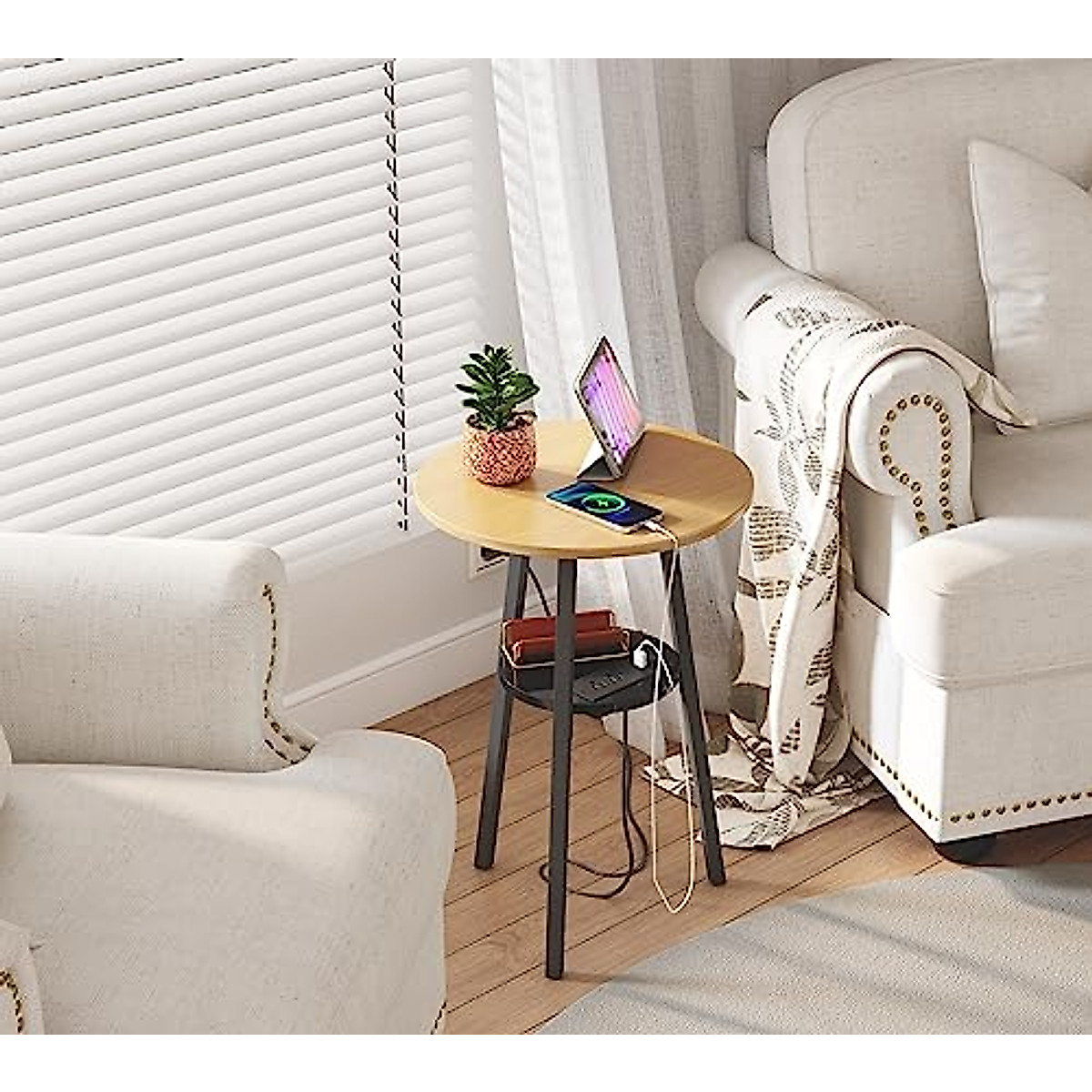 IRCPEN Round End Table with Charging Station, 2-Tier Small Round Table with USB Ports & Power Outlets, Rustic Vintage Nightstand Bedside Table Sofa Table for Bedroom, Living Room (Natural)