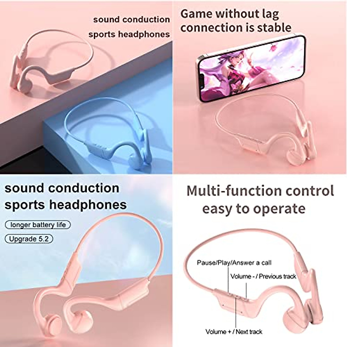 Bone Conduction Headphones Bluetooth 5.2 Stereo Earbuds Open-Ear Sports Earphones with Mic Wireless 360° Bendable Earpiece Workout Headset Sweatproof for Yoga Running Hiking Walking Cycling (Black)