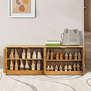 MoNiBloom Bamboo Shoe Cabinet, Bamboo 2 Tier Shoe Shelf Organizer Storage with Shutter Doors for 11-15 Pairs Entryway Hallway Bedroom, Natural