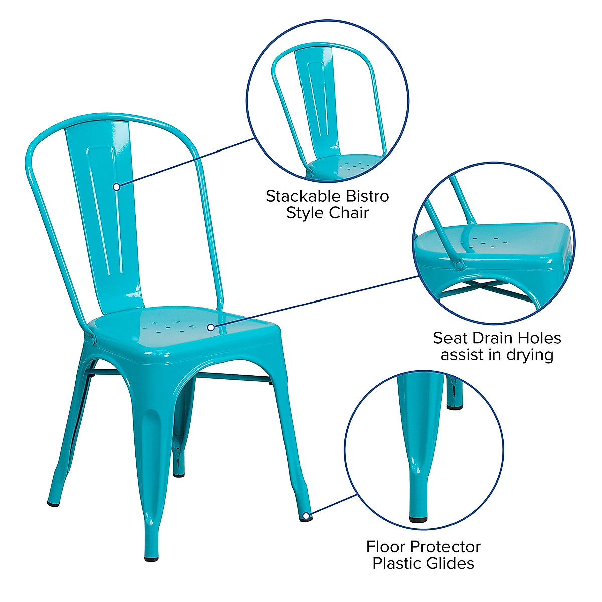 Merrick Lane Wells Stacking Dining Chair - Powder Coated Crystal Teal-Blue Metal Frame - Curved Slat Back - 500 lb. Static Weight Capacity - Indoor/Outdoor Use