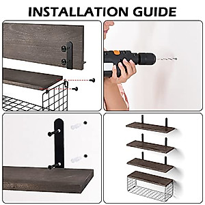 Fuiuo Floating Shelves Bathroom Shelves Over Toilet with Paper Storage Basket Farmhouse Wood Wall Shelves for Wall Decor Bathroom Decor, Living Room, Kitchen (Ebony)