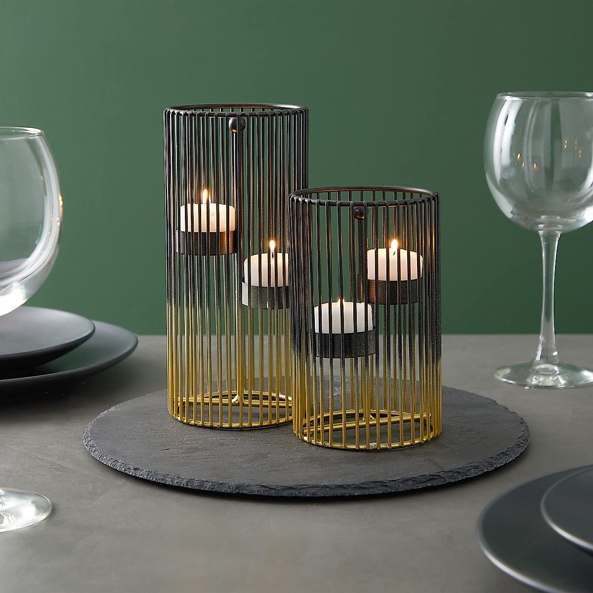 Juvale Set of 2 Black and Gold Geometric Candle Holders for Modern Table Decor (2 Sizes)