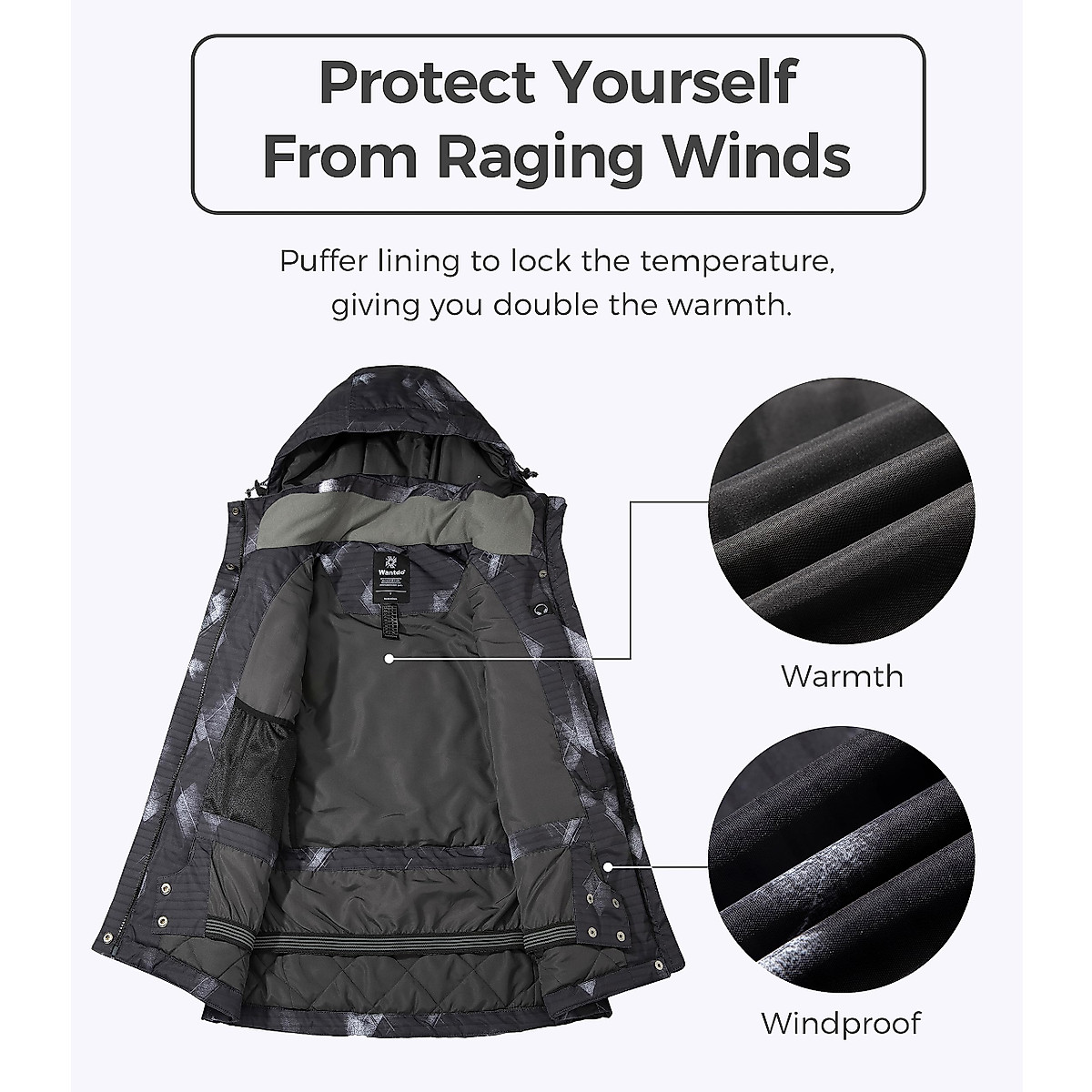 wantdo Women's Waterproof Fully Taped Seams Ski Jacket Rain Jacket with Detachable Hood Black L