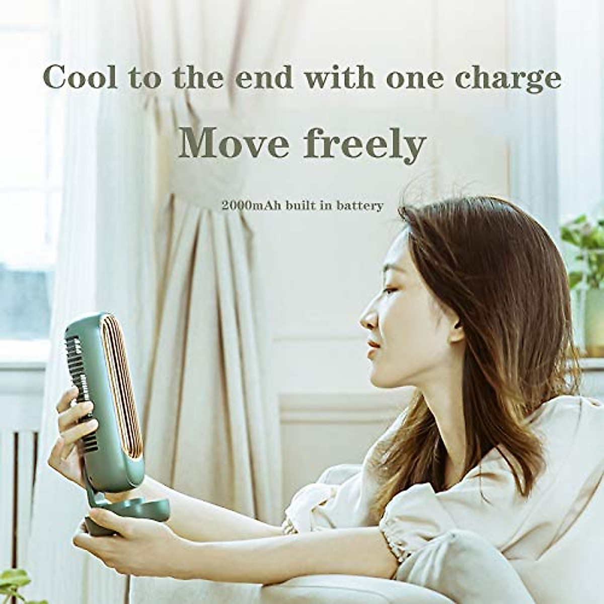 Juesi Mini Fan for Desk Bedroom, Personal Fan with 2 Blades Powerful for Cooling Office Room, Portable USB Rechargeable, Retro Vintage Tall Design, Low Noise Quiet (Green)