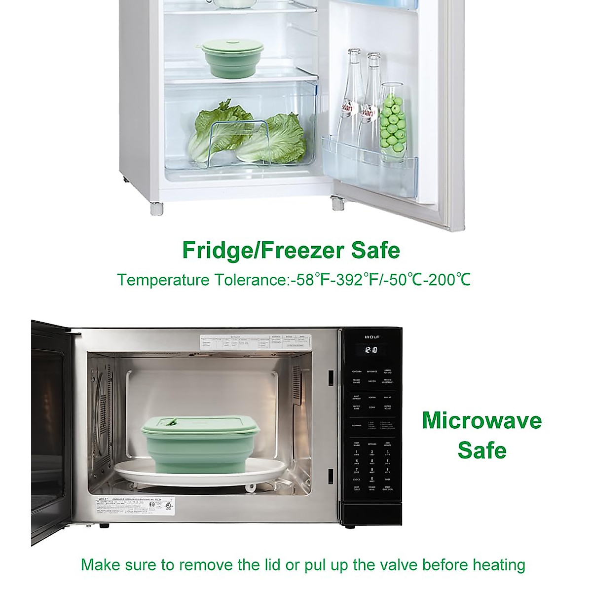 FUSMYE Set of 2 Collapsible Pure Silicone Food Storage Containers With Lids, BPA Free, Rectangle and Round Bento Lunch Box Containers Airtight, Microwave,Dishwasher and Freezer Safe for Camping