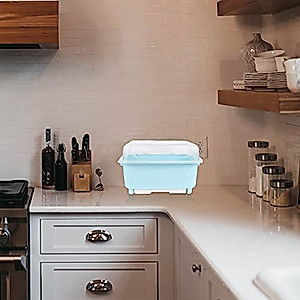 Hemoton Dish Drying Rack with Lid Cover Nursing Bottle Holder Kitchen Plate Cup Dish Drying Rack Tray Cutlery Dish Drainer Kitchen Cabinet Organizer Blue