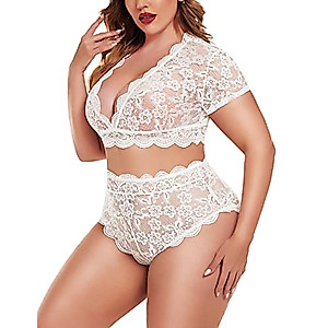Avidlove Wedding Lingerie for Bride Plus Floral Lace Scallop Trim Lingerie Set Deep V Allover Lace Bra Panties Set Sexy Clubwear (18 Plus, White)