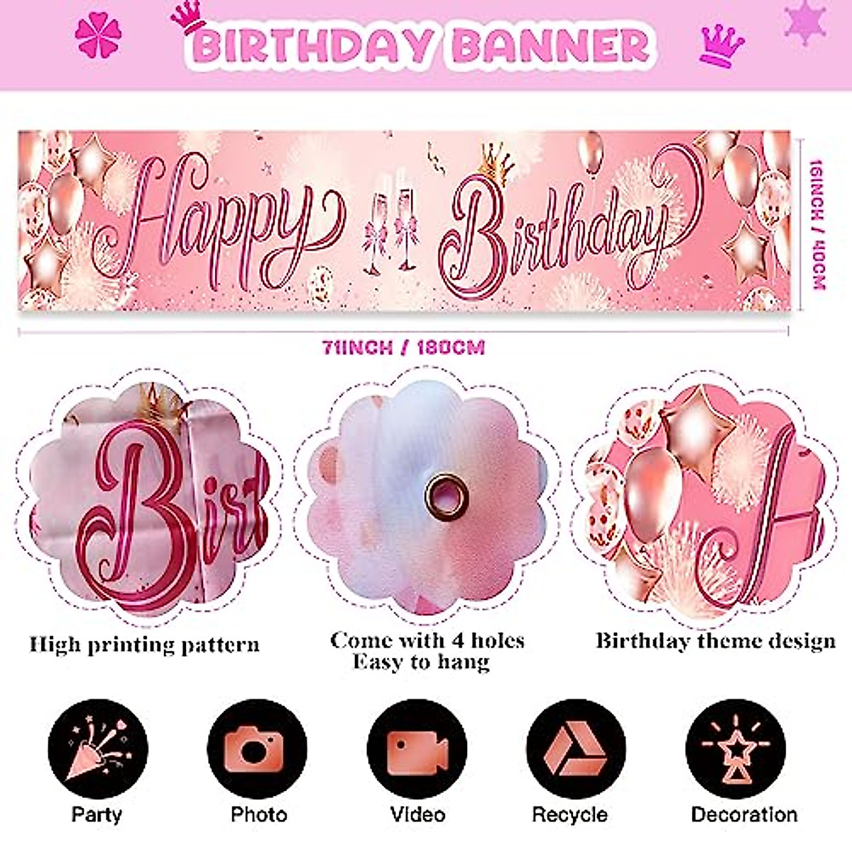 Rose Gold Birthday Party Decorations for Women, Happy Birthday Banner Backdrop, Rose Gold Stars Tassels Balloons Party Decorations Supplies for 16th 21st 30th 40th 50th Birthday Decorations Women Girl