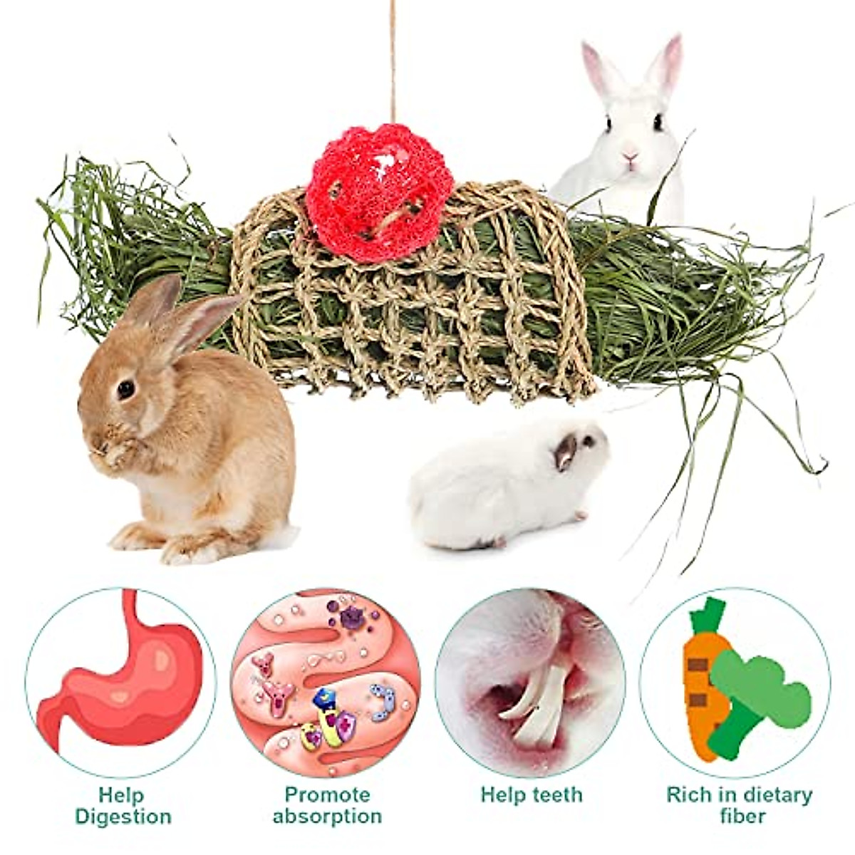 Bunny Chew Toys, Rabbit Toys, Timothy Hay Treats, Natural Sea Grass Mat Hay Feeder Bag, Rabbit Cage Hanging Chew Toys, All Natural Materials for Rabbit, Chinchilla, Guinea Pigs, Hamsters, Gerbils