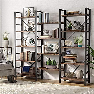 YELITE Triple Wide 5-Shelf Bookcase, Etagere Large Open Bookshelf Vintage Industrial Style Shelves Wood and Metal bookcases Furniture for Home & Office, Retro Brown