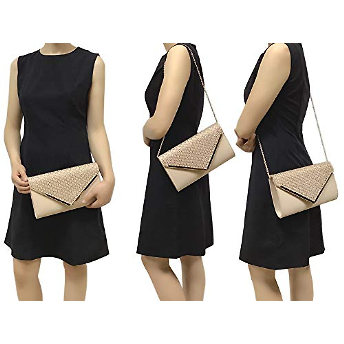 CHARMING TAILOR Elegant Satin Clutch Shimmering Rhinestones Laser-cut Flap Prom Purse (Beige)