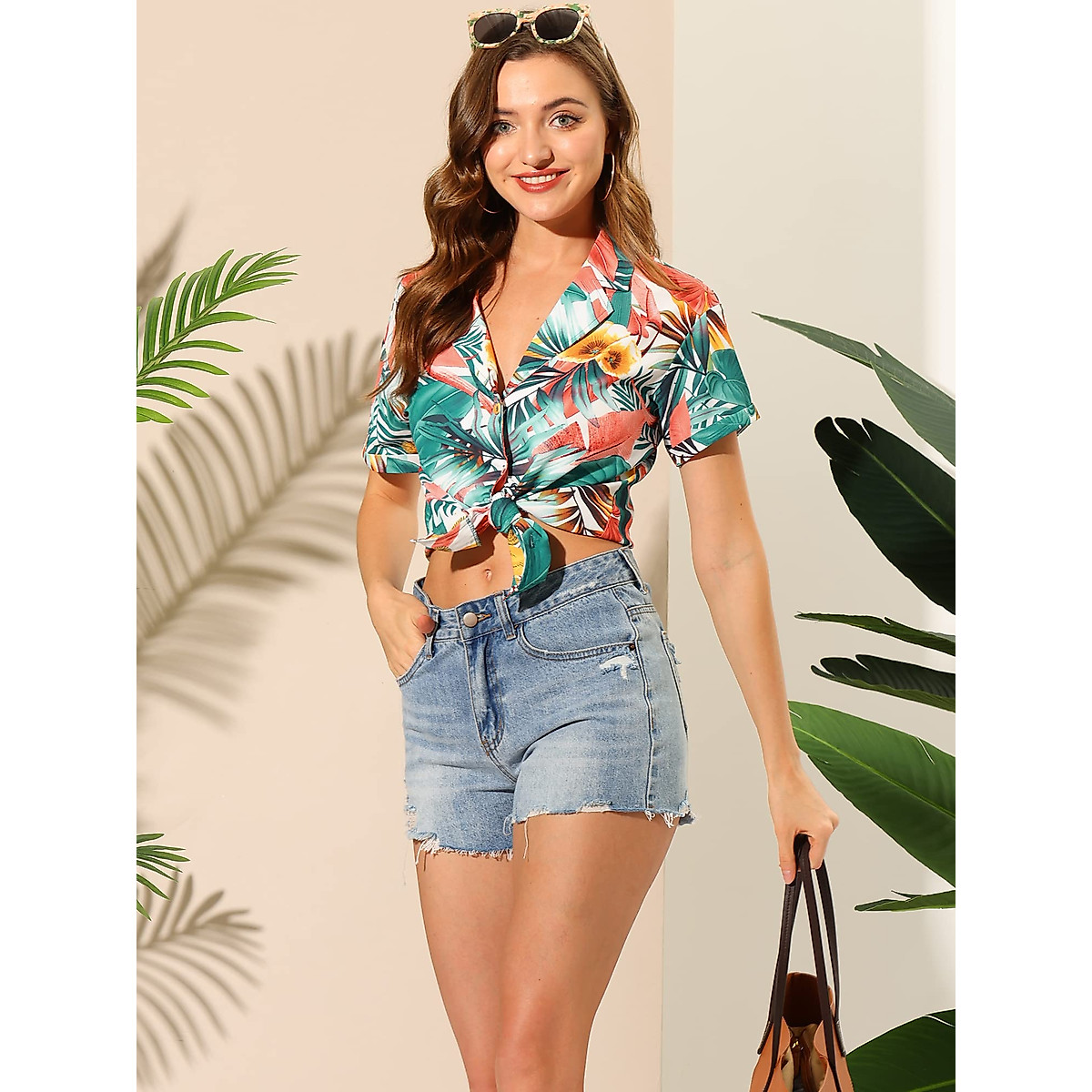 Allegra K Women's Hawaiian Shirt Floral Leaves Printed Short Sleeve Top Tropical Button Down Shirt Summer Fashion 2024 X-Small White