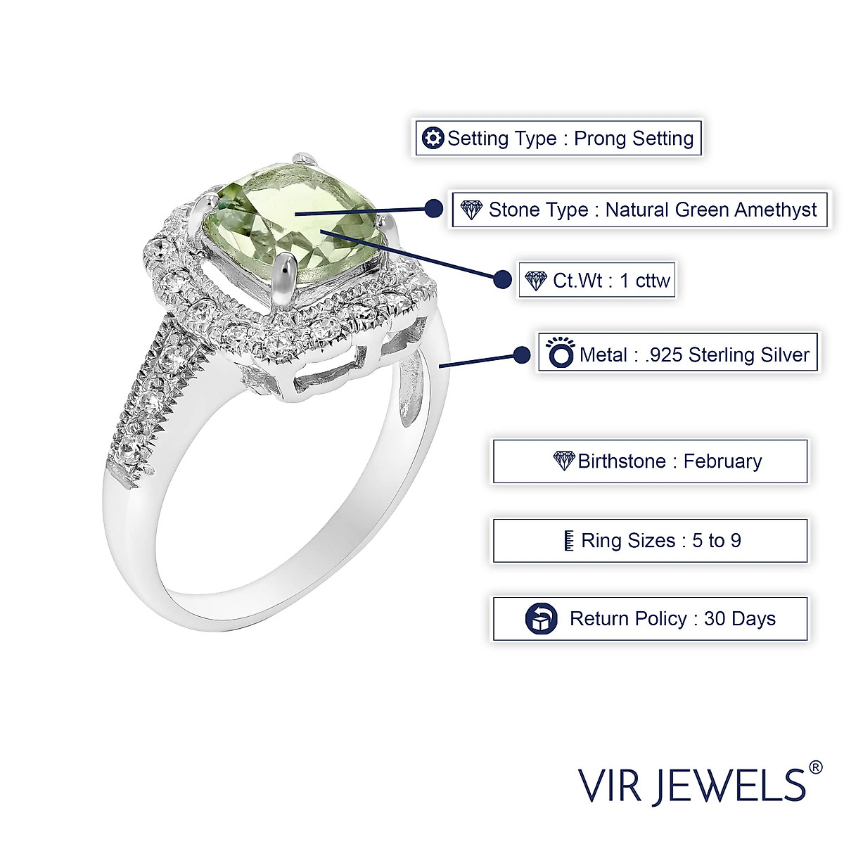 VIR JEWELS 1 cttw 7MM Green Amethyst Ring .925 Sterling Silver with Rhodium Cushion Cut Size 8