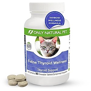 ONLY NATURAL PET Thyroid Support Supplement for Cats - Multivitamin with L-Carnitine & Lemon Balm - Vet Formulated - Helps with Endocrine & Immune Health - Turkey Flavored Chewable - 90 Tablets