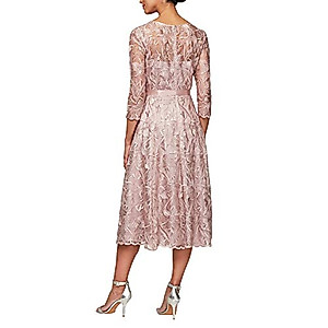 Alex Evenings Women's Tea Length Embroidered Cocktail Dress with Illusion Sleeves, Wedding Guest, Rose, 8