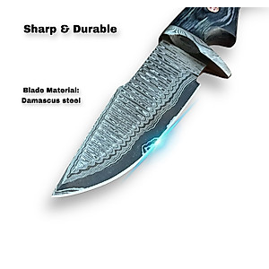 LYN-Handmade Damascus Steel Hunting Knife with Sheath Fixed Blade Damascus Hunting Belt Knife for Camping Ideal for Skinning, Camping, Outdoor - EDC Fixed Blade Bushcraft Knife Ergonomic Black wood Handle | Cool Knives For Men Tactical