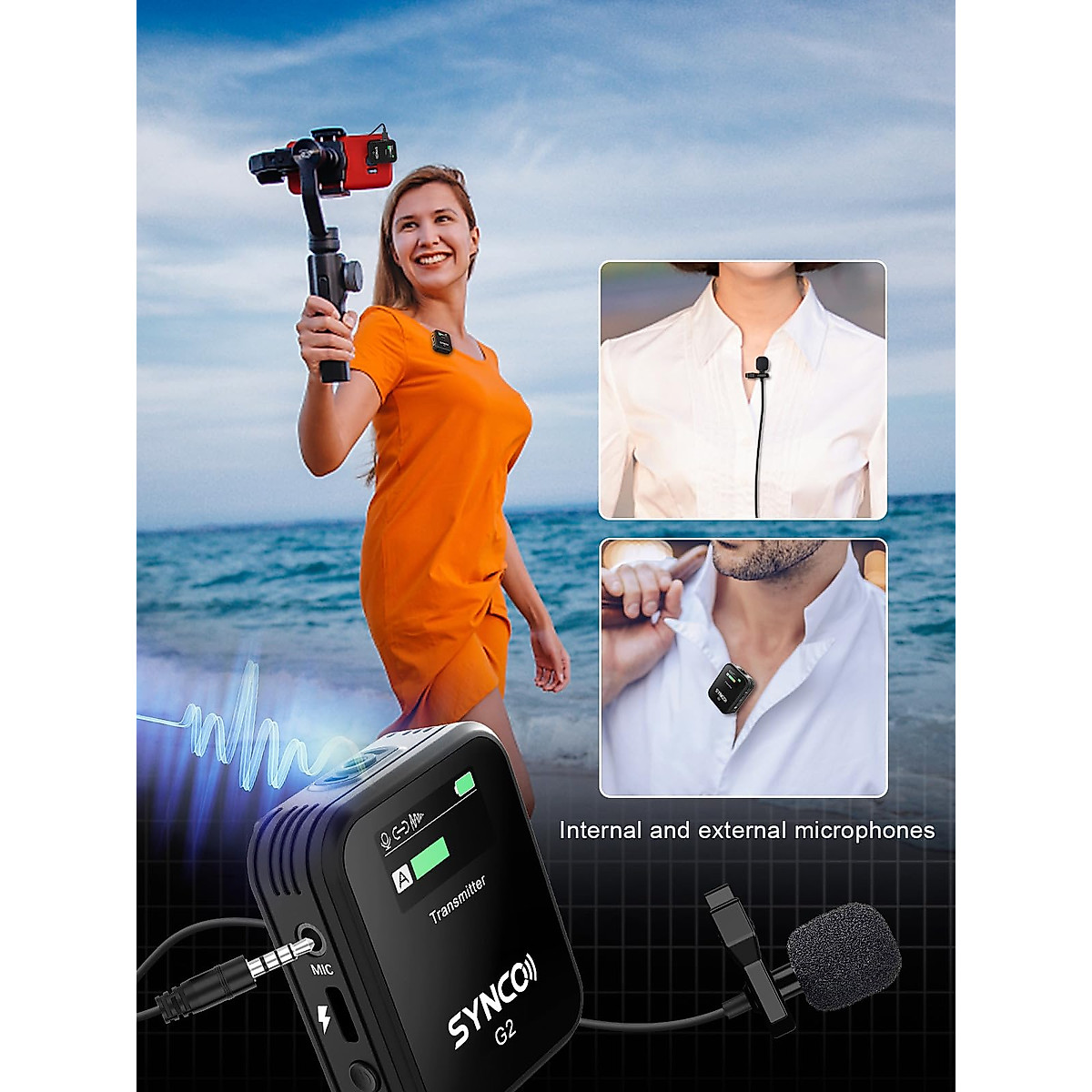 SYNCO Wireless Lavalier Microphone, G2(A1) 2.4G Lavalier 1 Transmitter & 1 Receiver Lapel Mic for Vlog Streaming YouTube for DSLR Camera Smartphone Tablet, Wireless-Lav-Mics-for-Camera