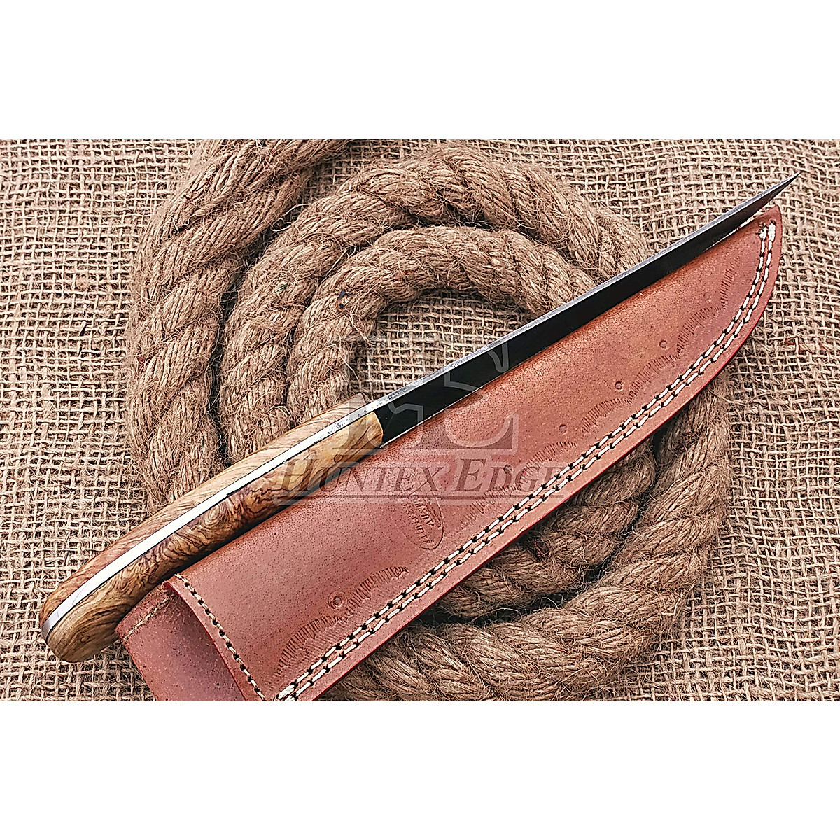 HUNTEX Handmade Hand-Forged Twist Pattern Damascus Steel 11.5 Inch Long Full Tang Olive Wood Handle Razor Sharp Hunting Camping Fillet Knife w/Genuine Leather Pouch