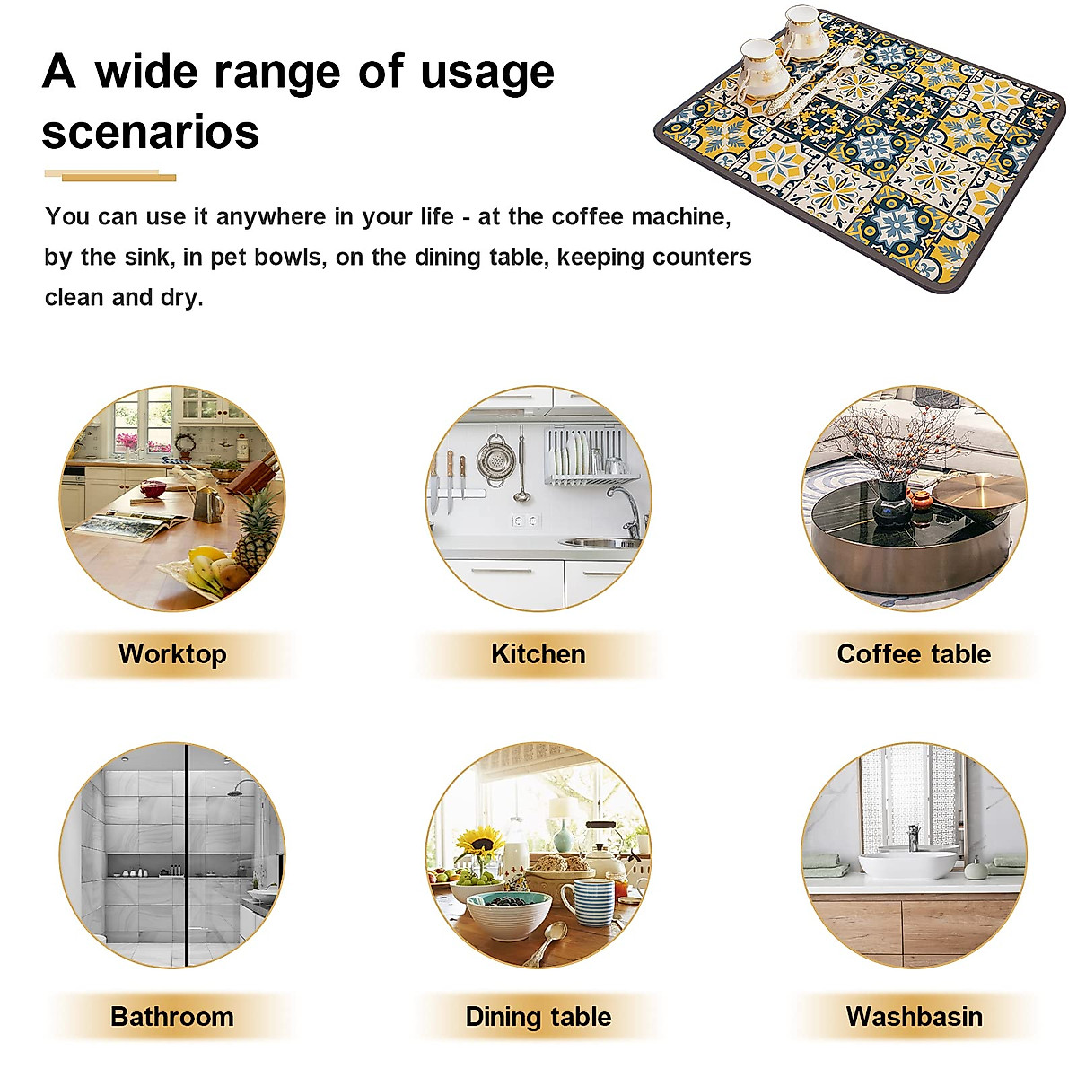 NeuWee Dish Drying Mat for Kitchen Counter, Super Absorbent, Heat Resistant, Non-Slip Dish Drying Pad, Hide Stain Coffee Mat, Table Mat Under Appliance, Ethnic Style, Yellow Blue Print, 16 x 20 Inch