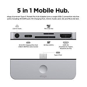 elago Aluminum Type-C Pocket Pro Hub Adapter for iPad/iPad Pro/Other USB-C Devices [4K HDMI, USB-C PD Charging, 3.5mm Audio Jack, SD and Micro SD Slot] (Silver)