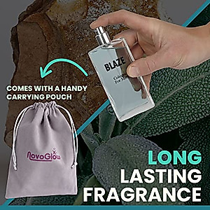 NovoGlow Blaze Eau de Parfum Cologne for Men With Luxurious Suede Pouch - Marine Breeze, Sandalwood And Sensual Musk Wood Notes– 100ml – 3.4 oz – Great Gift For Men