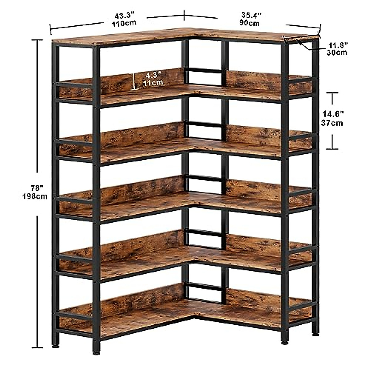 IRONCK Industrial Bookshelves 6 Tiers Corner Bookcases with Baffles Etagere Shelf Storage Rack with Metal Frame for Living Room Home Office