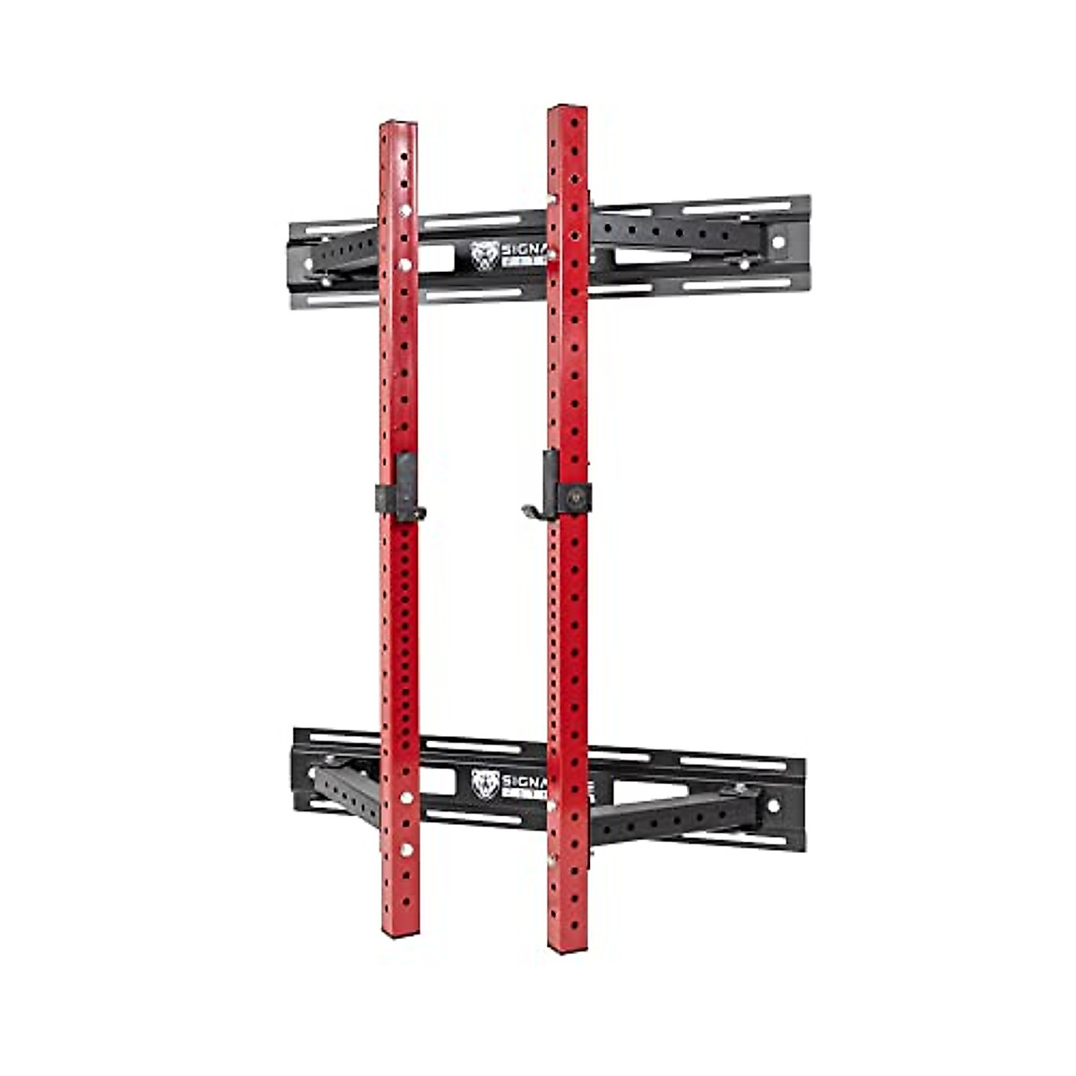 Signature Fitness 3” x 3” Wall Mounted Fold-in Power Cage Squat Rack with Adjustable Pull Up Bar and J Hooks - Space-Saving Home Gym, Red