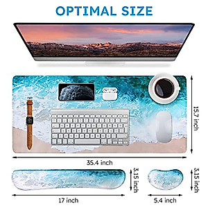 iCasso Keyboard Mouse Pad Set,Extended Gaming Mouse Pad + Keyboard Wrist Rest Support, Memory Foam, Easy Typing Pain Relief, 3Pcs (35.4×15.7 in) Large Ultra Thick Mousepad Desk Mat (Beach)