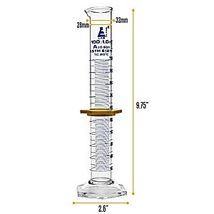 EISCO Graduated Cylinder, 100mL - ASTM, Class A Tolerance ±0.50mL - Protective Collar, Hexagonal Base - Blue Graduations - Borosilicate 3.3 Glass