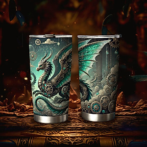 64HYDRO 20oz Steampunk Mechanical Dragon Tumbler, Engineer Mechanic Dragons, Gaming, Gamers Gifts for Dragon Lovers, Stainless Steel Double Wall Vacuum Insulated Coffee Mug, Travel Cup with Lid