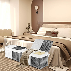 KUREEISE Storage Basket with Lid, 65L Woven Blanket Storage Basket with Handles, Removable Liner with Divide, Metal Frame, Storage Bin for Bedroom, Laundry Room（Gray-White）