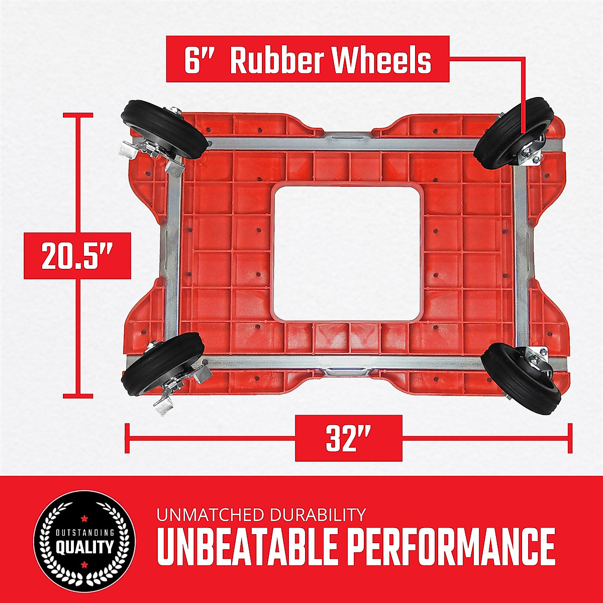 SNAP-LOC, All Terrain 4 Wheel Push Cart Dolly, Heavy Duty Dolly Cart, 6 Inch Casters, Push Bar & E Strap Attachment Included, 1,500 lb Capacity, Made in USA, Red