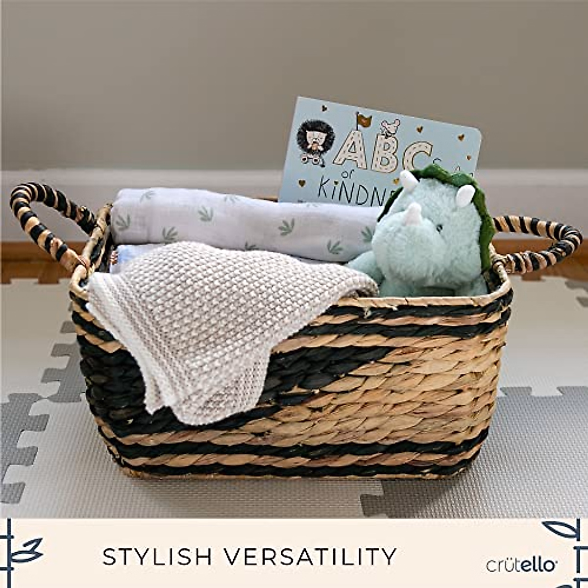 Crutello Black Wicker Basket for Storage, Large Wicker Basket, Rectangular Water Hyacinth Storage Basket Towels, Blankets, Baby, Pet Toys, Toilet Paper - Natural Living Room Floor Basket Boho Decor