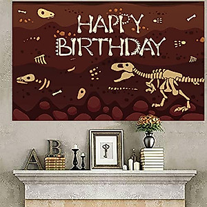Dinosaur Tyrannosaurus Rex Fossil Happy Birthday Banner Backdrop Animal Dino T-REX Fossil Bones Theme Decorations Decor for Paleontology Party Birthday Party Supplies Background Photo Booth Props