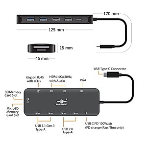 Vantec Link USB C Multi-Function Hub with 2xHDMI 4K, VGA, Gigabit, SD, MicroSD, 2xUSB 3.1, 2xUSB 2.0, PD 100W, USB C (CB-CU302MDSH)