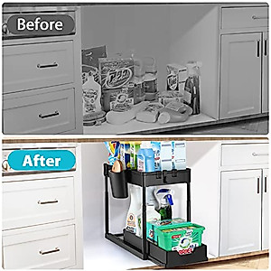 Under Sink Organizers and Storage, Adjustable Height Sliding Drawer 2 Tier Cabinet Organizer with Pull Out Drawer/Hook/Cup/Dividers for Bathroom Kitchen (Black)