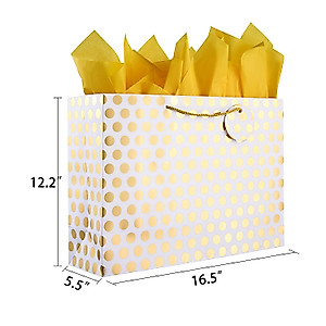Bobobag 4 Pack 16.5" Extra Large Gift Bags with Tissue Paper for Mother's Day, Birthday Presents (gold polka dot)